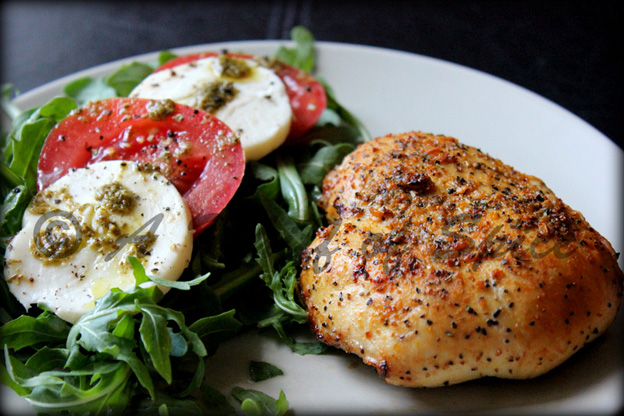 Caprese Salad with Arugula and Basil Pesto