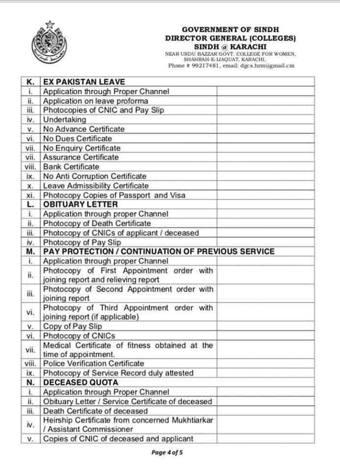 Checklist For Documents In College Education Department Sindh