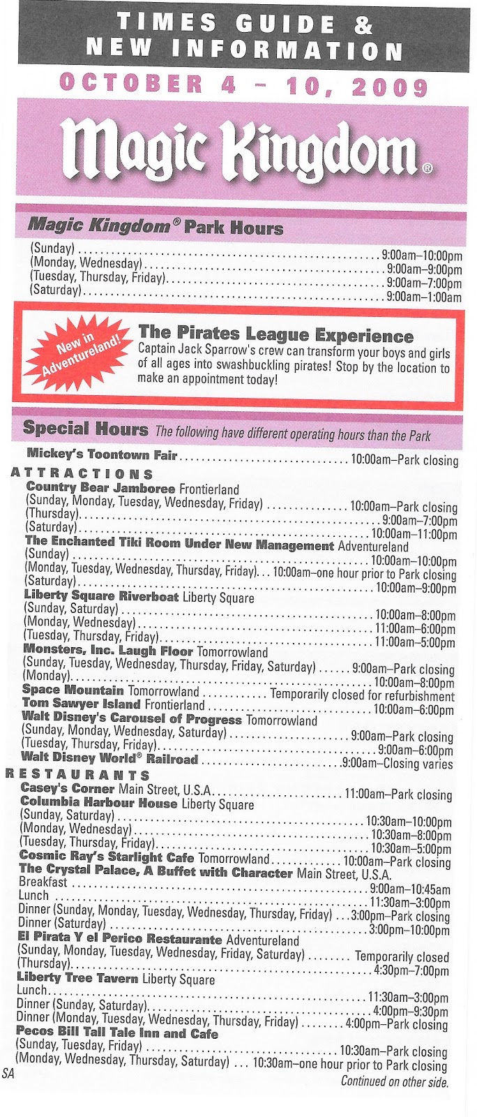 Times Guide Magic Kingdom October 4th-10th 2009
