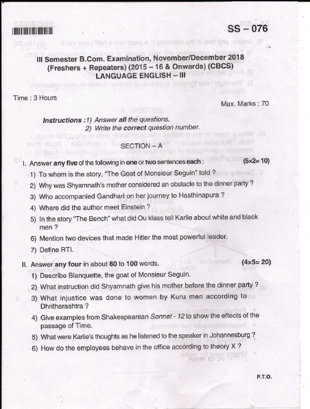 Bangalore University B.Com. LANGUAGE ENGLISH-III November/December 2018 ...