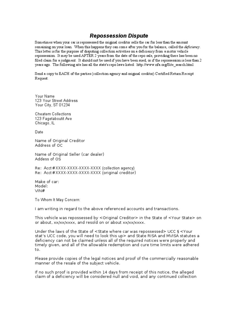 Car Repossession Dispute Letter Template ~ Resume Letter