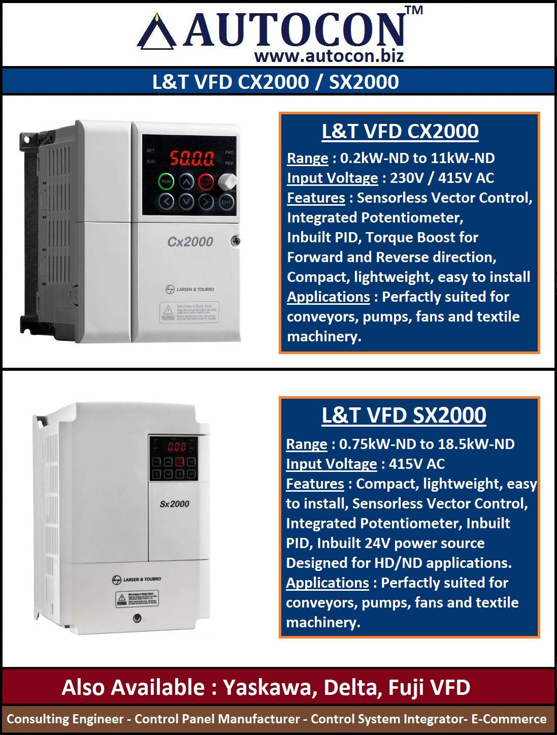 L&T, Yaskawa, Delta, Fuji make VFD (AC Drives)