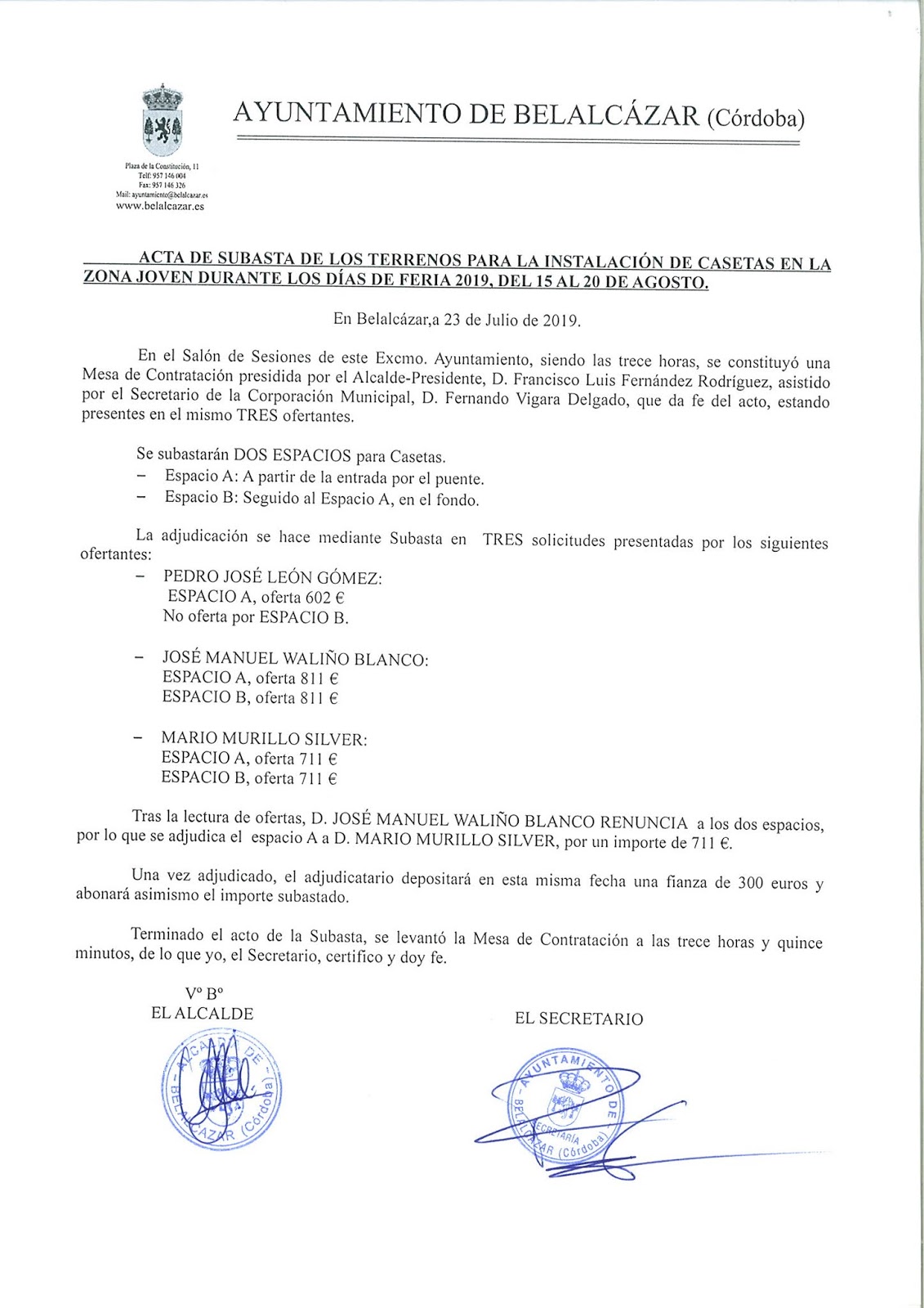 ACTA DE SUBASTA DE LOS TERRENOS DE LA ZONA JOVEN PARA LAS CASETAS DE ...