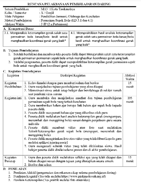 RPP Daring 1 Lembar PJOK SMA/MA