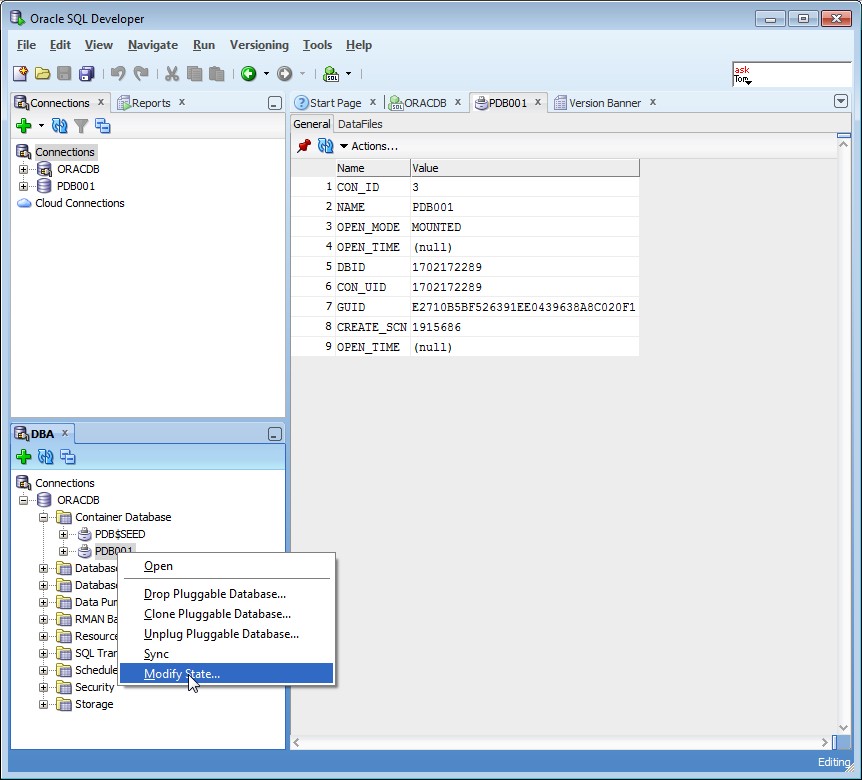 Senthil Rajendran's Blog: Managing 12c with SQL Developer : Opening a PDB