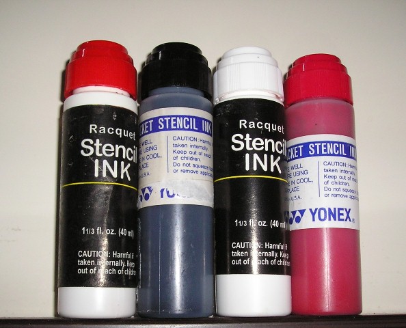 Badminton Research: White, Red and Black racquet stencil ink