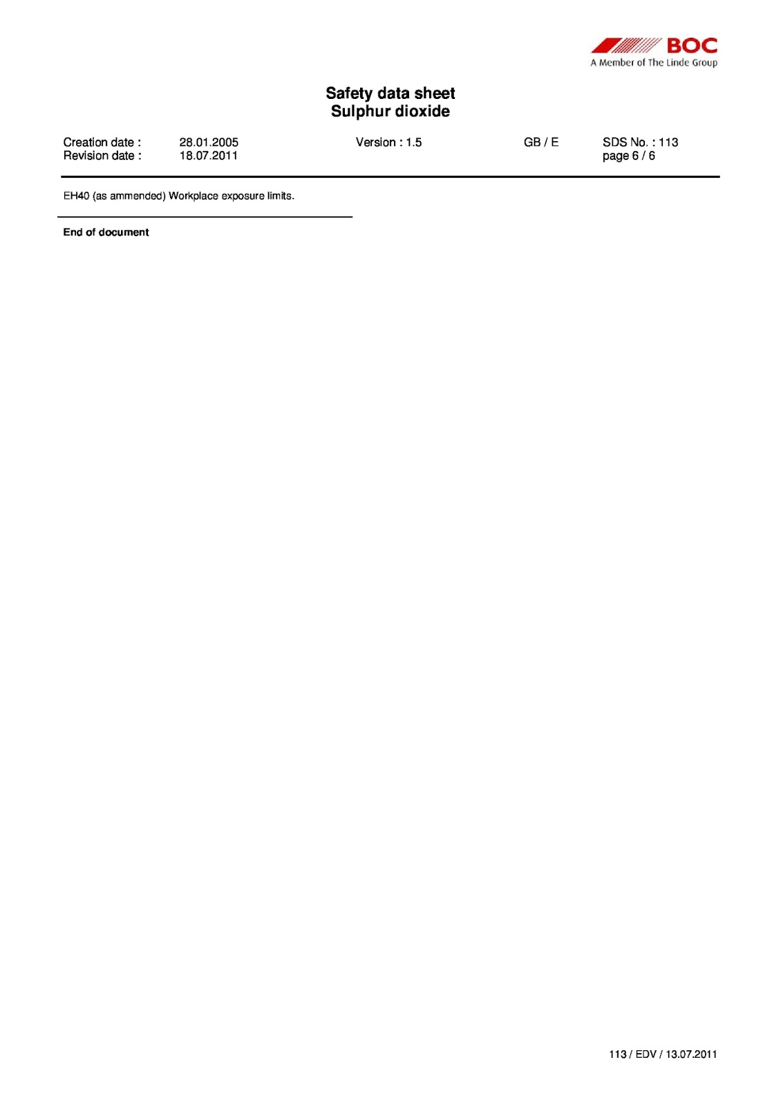 MSDS Sulphur Dioxide (SO2)