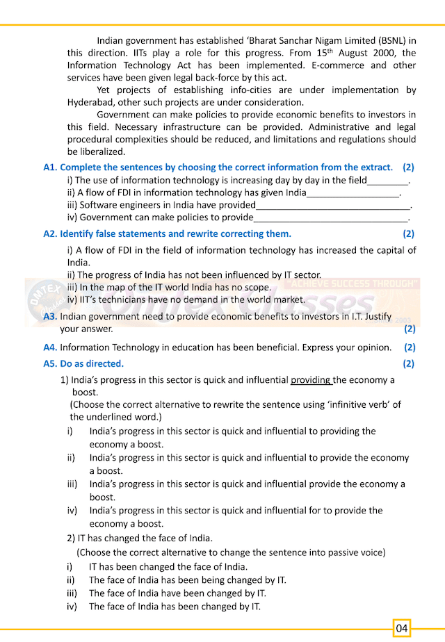 OMTEX CLASSES: HSC Model Activity Sheet ENGLISH