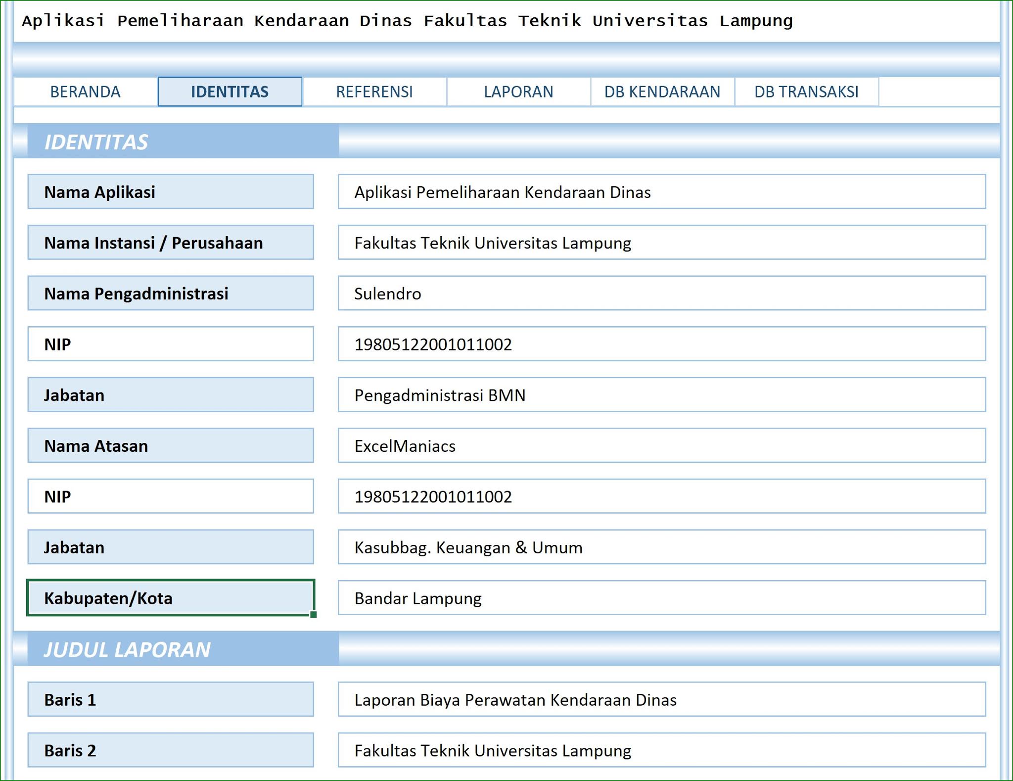 Aplikasi Excel Perawatan Kendaraan Dinas - ExcelManiacs