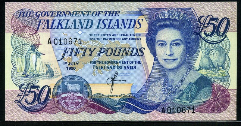 Falkland Islands banknotes Fifty Pounds note of 1990 Queen Elizabeth II ...