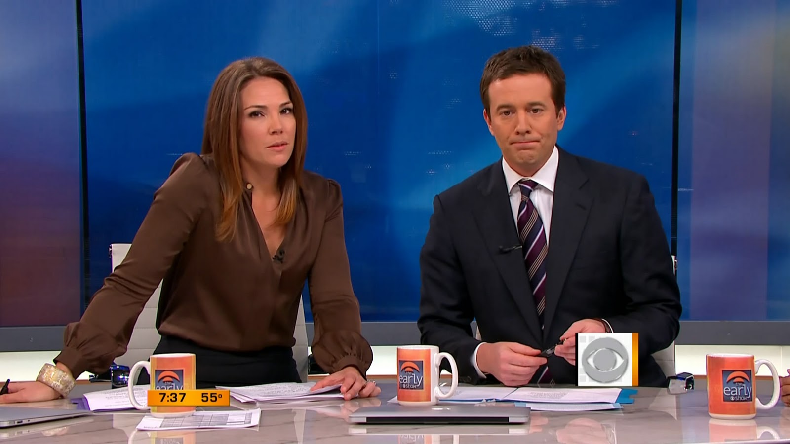 Ladies in Satin Blouses: Erica Hill - brown satin blouse