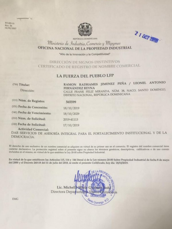CERTIFICACIÓN DIO LA ONAPI A FUERZA DEL PUEBLO ES DAR ASESORÍA INTEGRAL ...