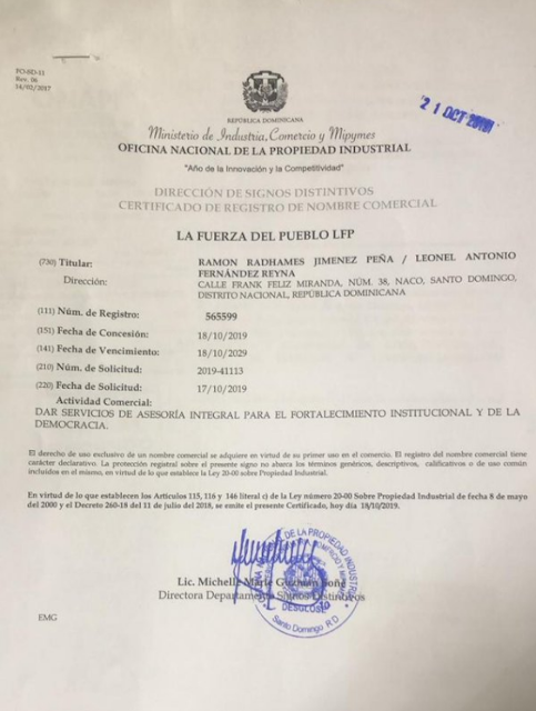 CERTIFICACIÓN DIO LA ONAPI A FUERZA DEL PUEBLO ES DAR ASESORÍA INTEGRAL ...