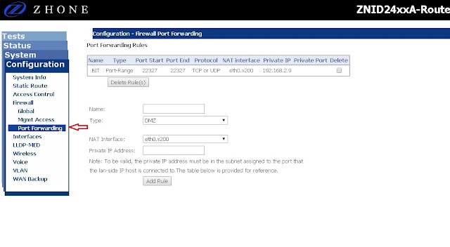 Computer Knowledge Setting: Setting Forward port on ZHONE 2426A Router Wifi