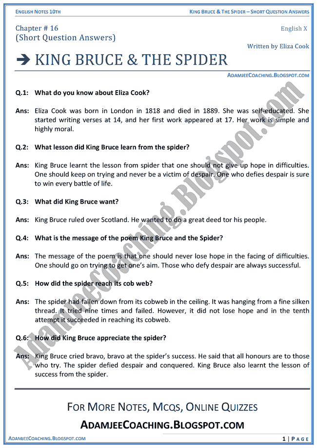 Adamjee Coaching: King Bruce and The Spider - Question Answers ...