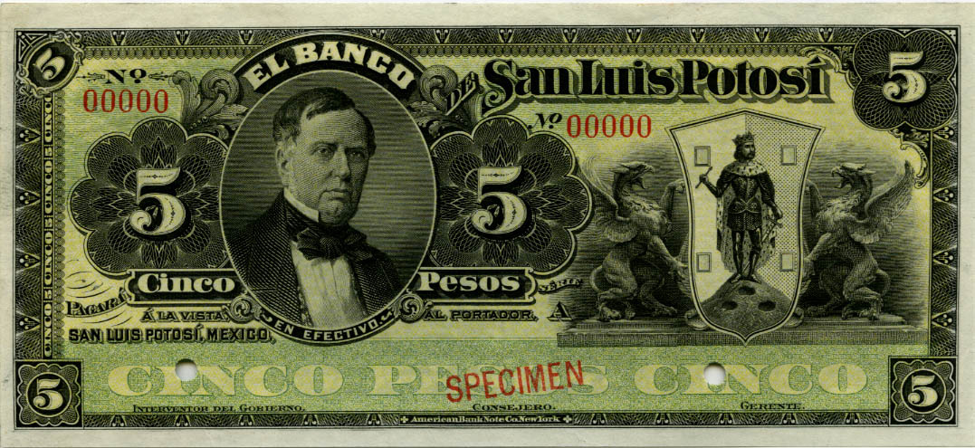 Mexican banknotes 5 Pesos banknote 1898 El Banco de San Luis Potosi ...