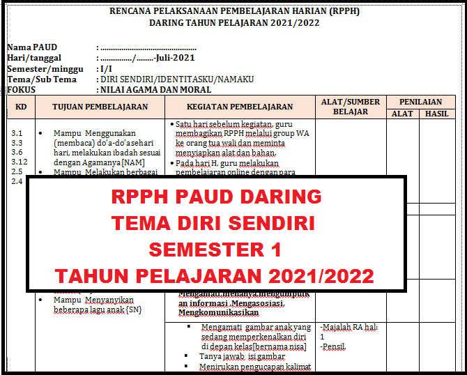 RPPH PAUD Daring BDR Tema Diri Sendiri Semester 1 Tahun Pelajaran 2021/ ...
