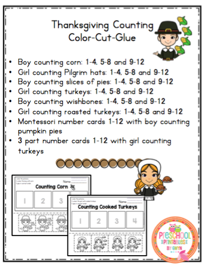 Thanksgiving Counting- Color-Cut-Glue Sequencing ~ Preschool Printables