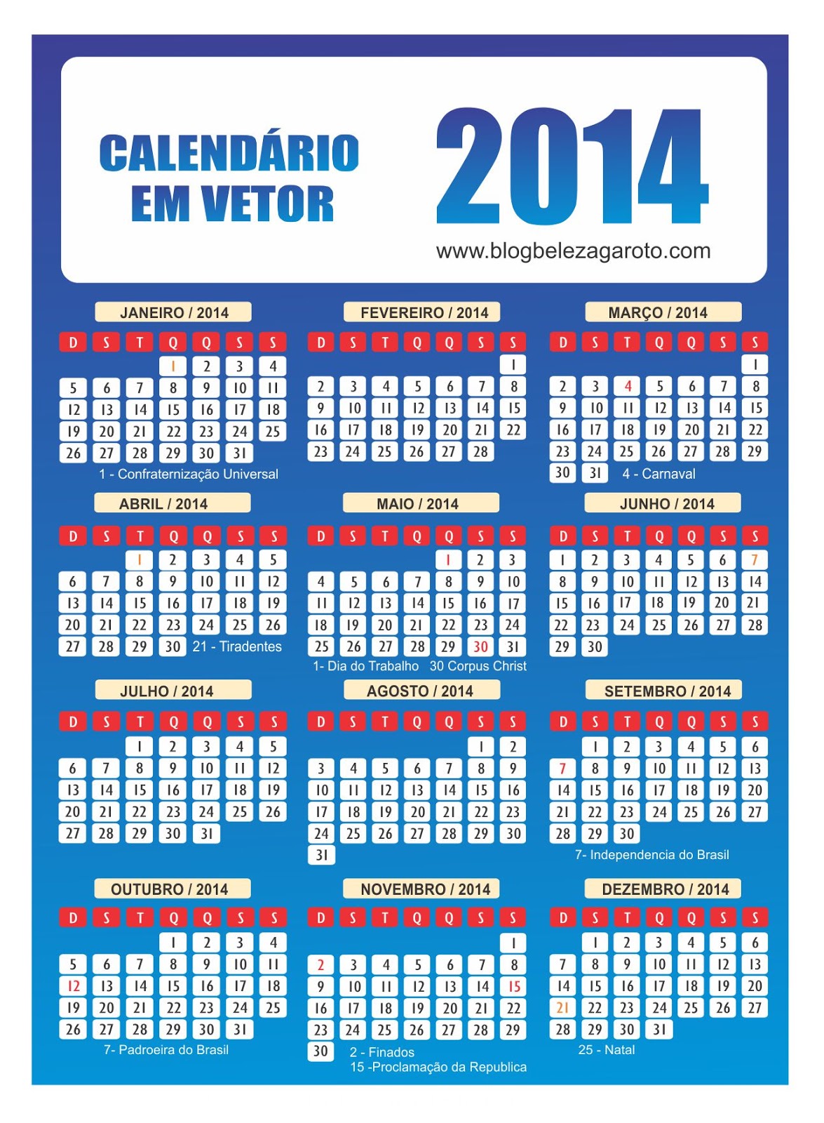 Calendário 2014 Vetor Vector Vetorizado Corel Edítável
