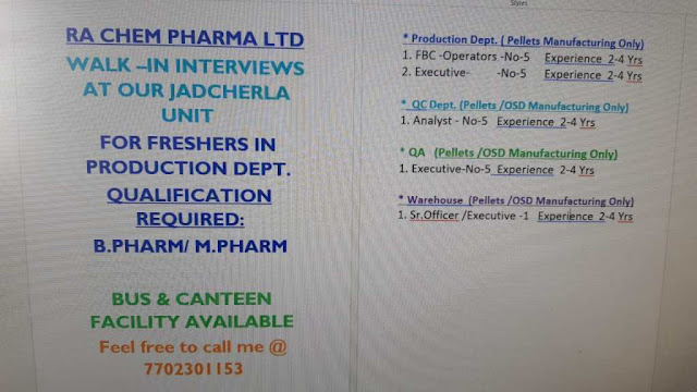 UDYOG ADDA: RA Chem Pharma Ltd – Walk-Ins for Freshers in Production & Experienced in Production ...