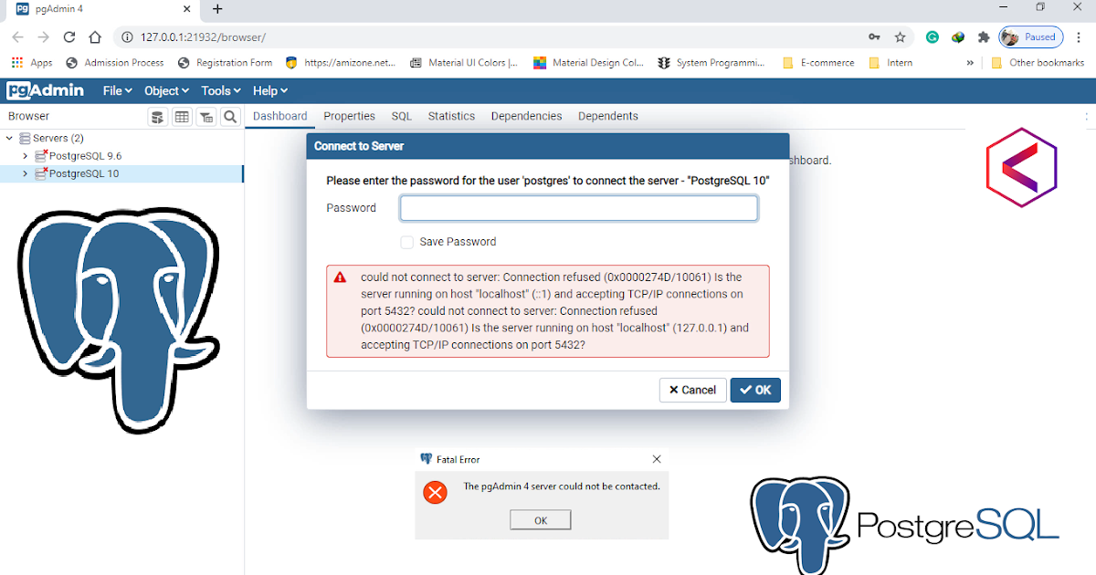 the pgadmin4 server could not contacted