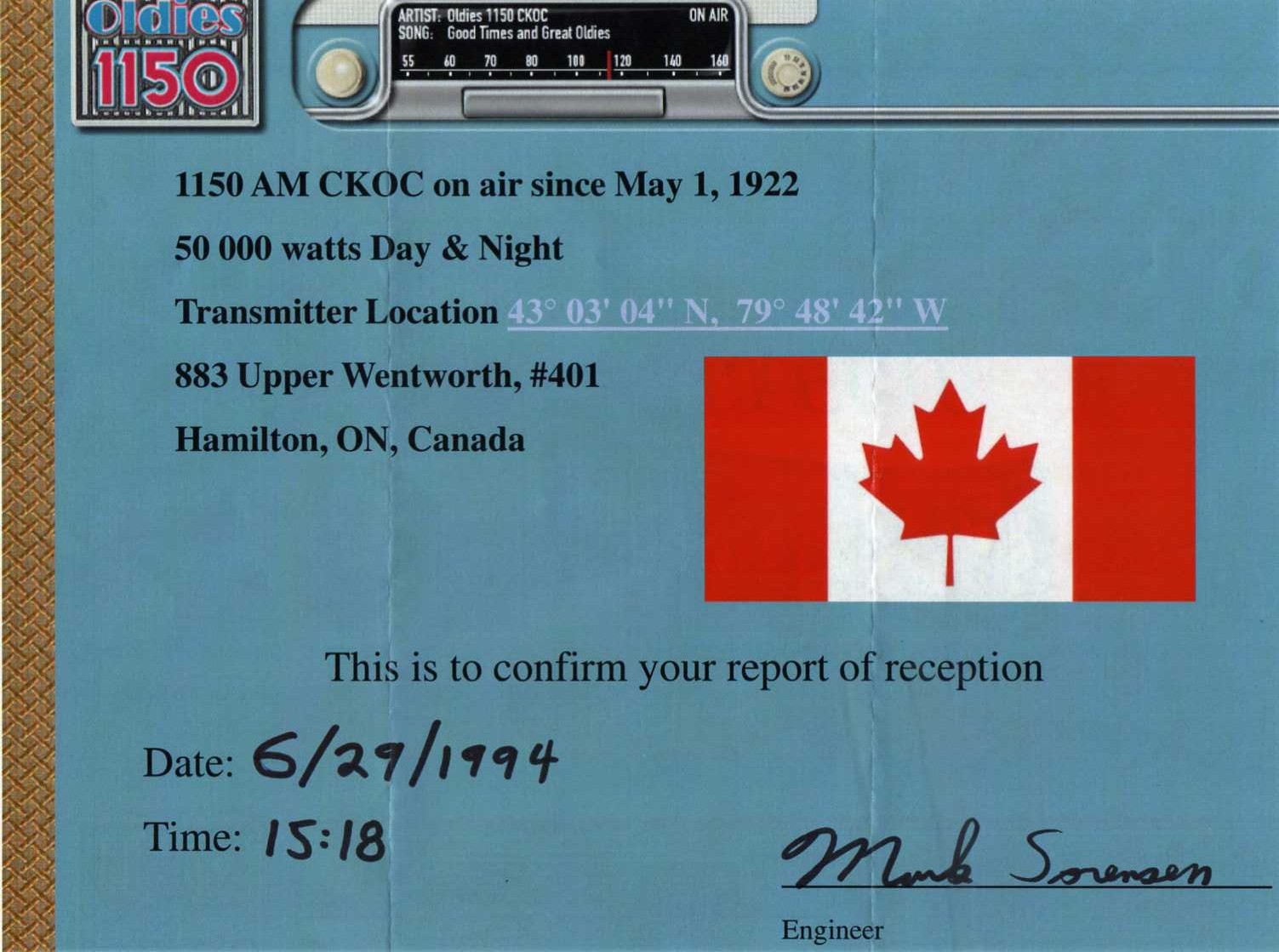 DXways-br: QSL-card (1994): 1150 kHz CKOC - Hamilton ON, CANADA
