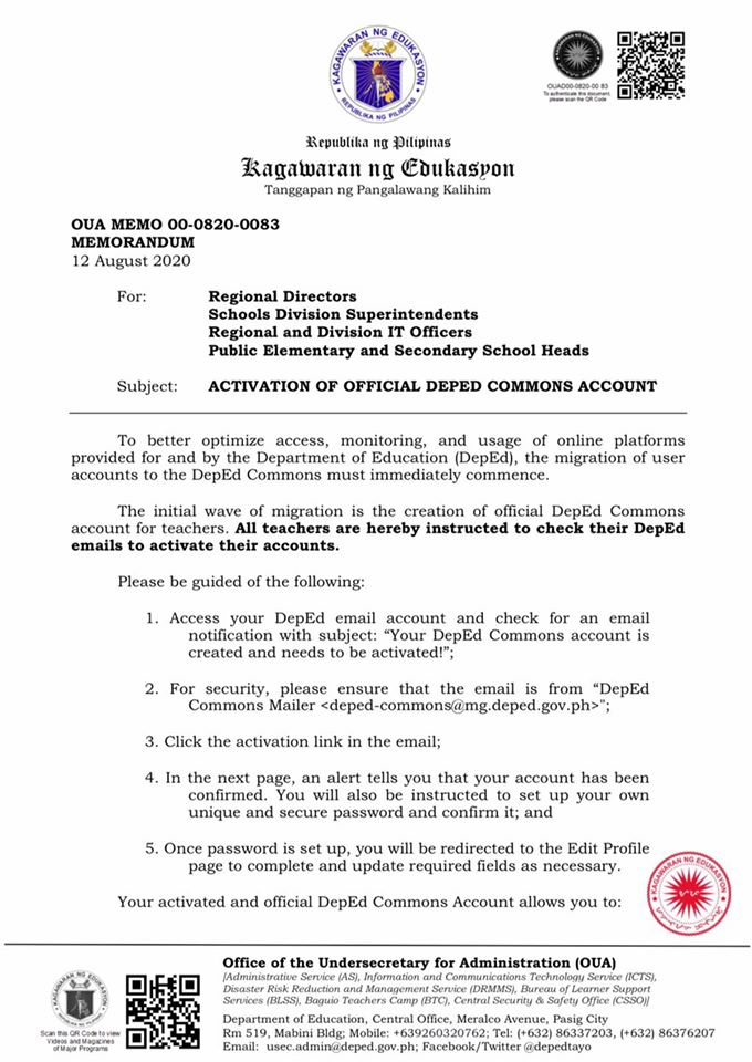 ACTIVATION OF OFFICIAL DEPED COMMONS ACCOUNTS FOR TEACHERS - Teachers Click