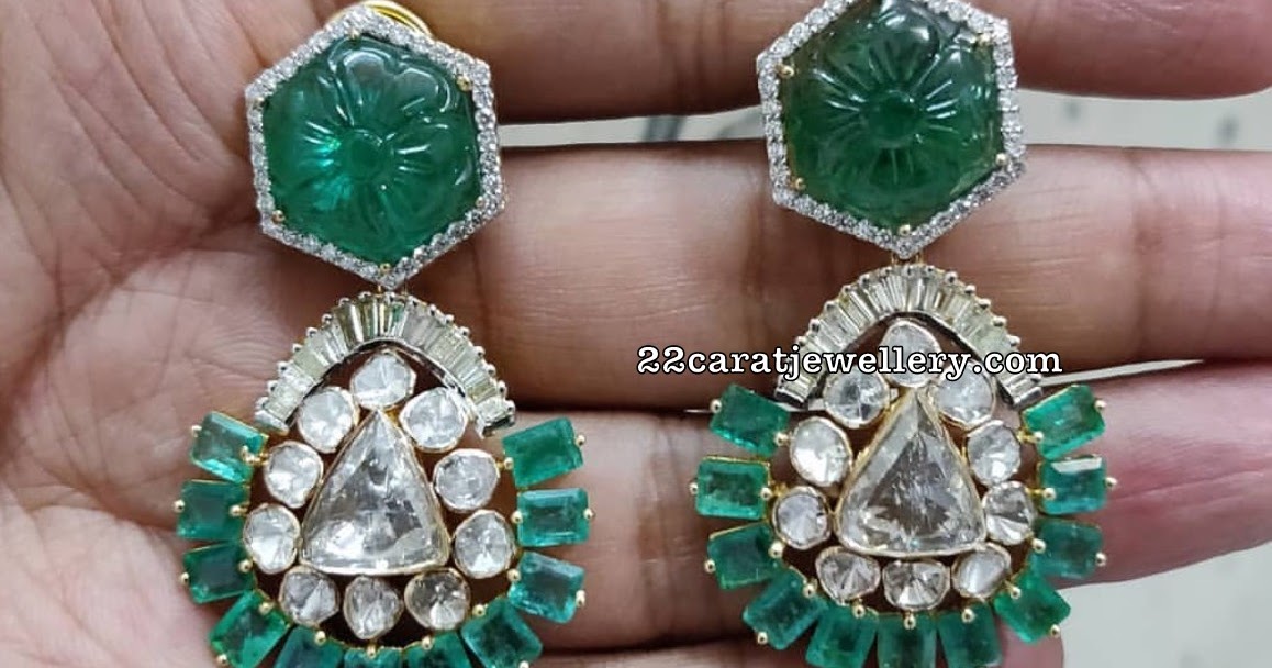 Curved Diamond Emerald Sets Studs - Jewellery Designs