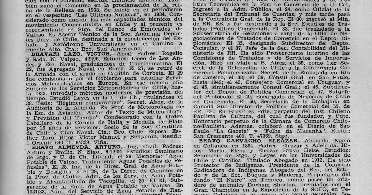 Diccionario Biográfico de Chile 9a Edición 1953: 171 BRAVARI LAZO