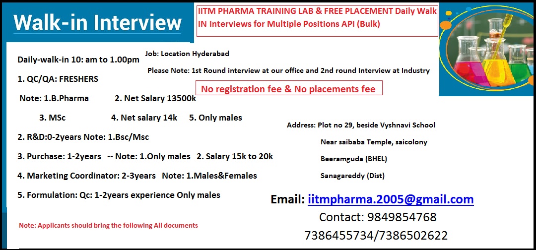 UDYOG ADDA: IITM Pharma Training Lab and Free Placement Daily Walk In Interviews for Multiple ...