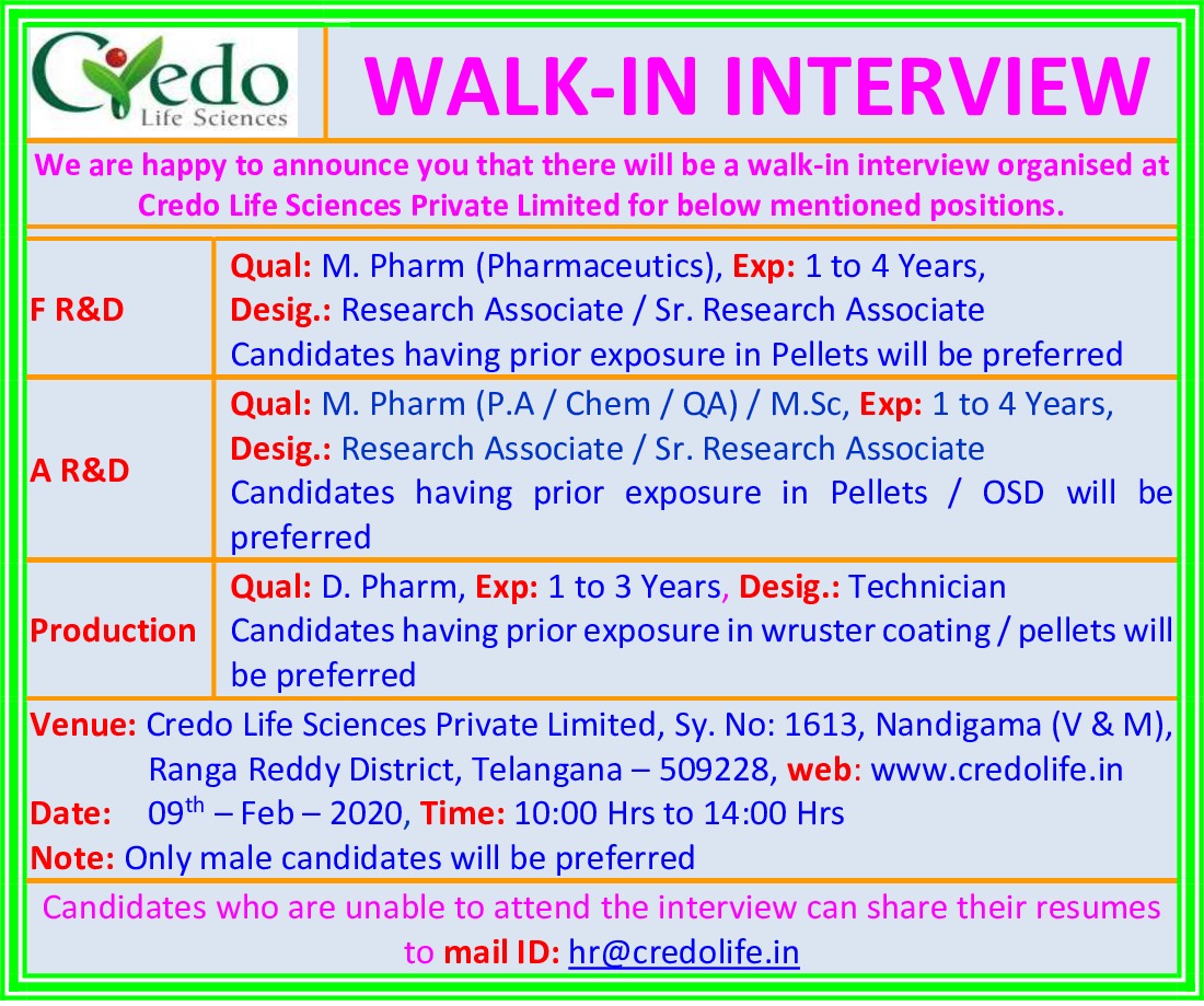 Credo life sciences is hiring for multiple positions | Walk in interview...