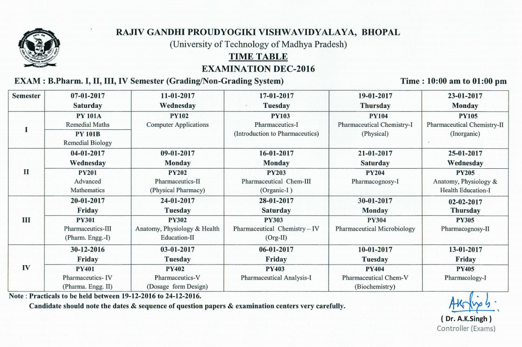 RGPV B.Pharmacy 2nd Semester (Grading System) Examination Time Table 2017 | RGPV Examination ...