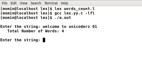 Lex Program to count the number of words in a given string.
