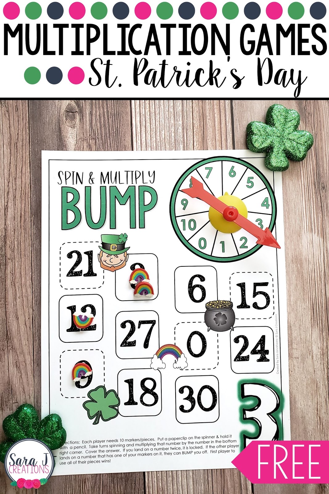 St. Patrick's Day Multiplication Bump Game FREEBIE | Sara J Creations
