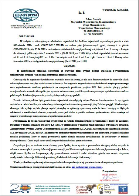 Geo-System Sp. z o.o.: Pytamy BGWM o Aplikację RP [Aktualizacja 07.05.2019]