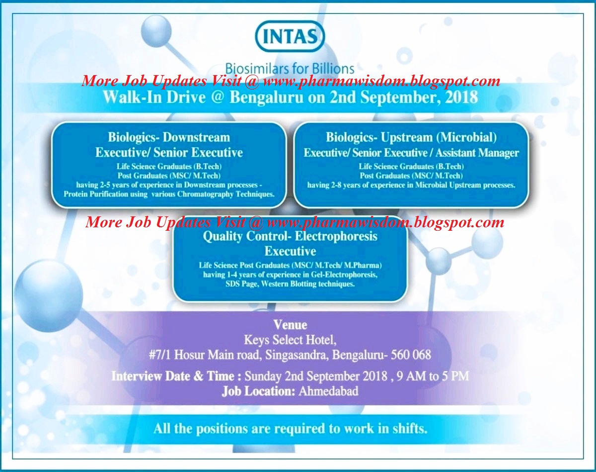 Intas Pharma - Walk-In Drive @ Bengaluru on 2nd September, 2018 for ...