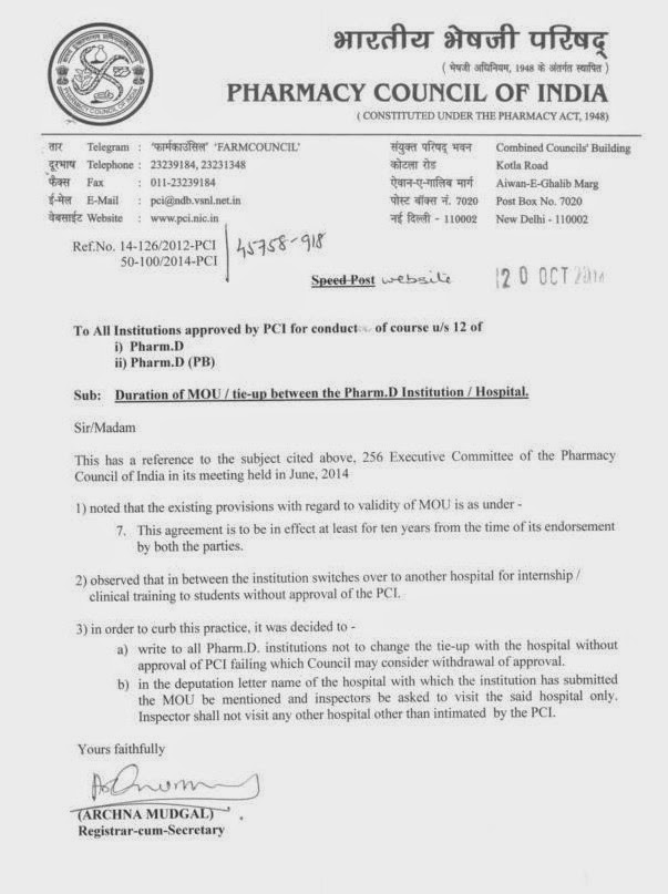 DURATION OF MOU / TIE UP BETWEEN THE PHARM.D INSTITUTIONS/ HOSPITALS