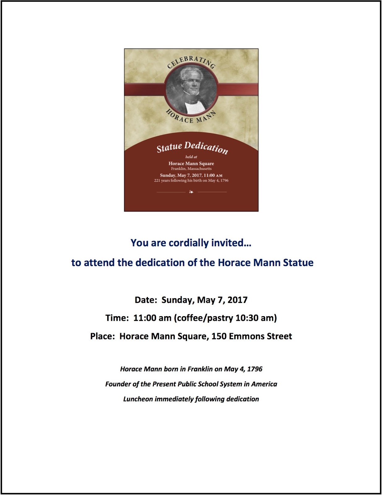 Franklin Downtown Partnership: You're invited to the Horace Mann statue ...