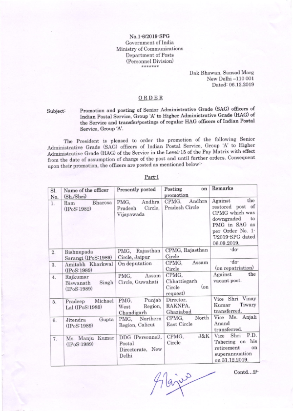Transfer / Promotion and posting of Senior Administrative Grade (SAG ...
