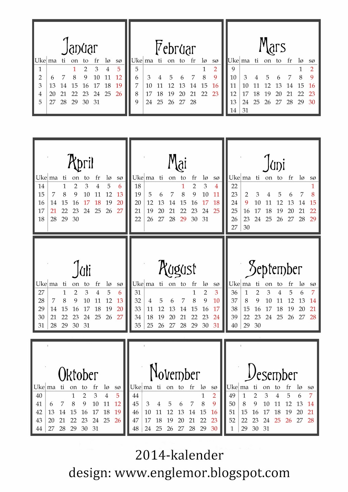Englemor: Kalender for 2014