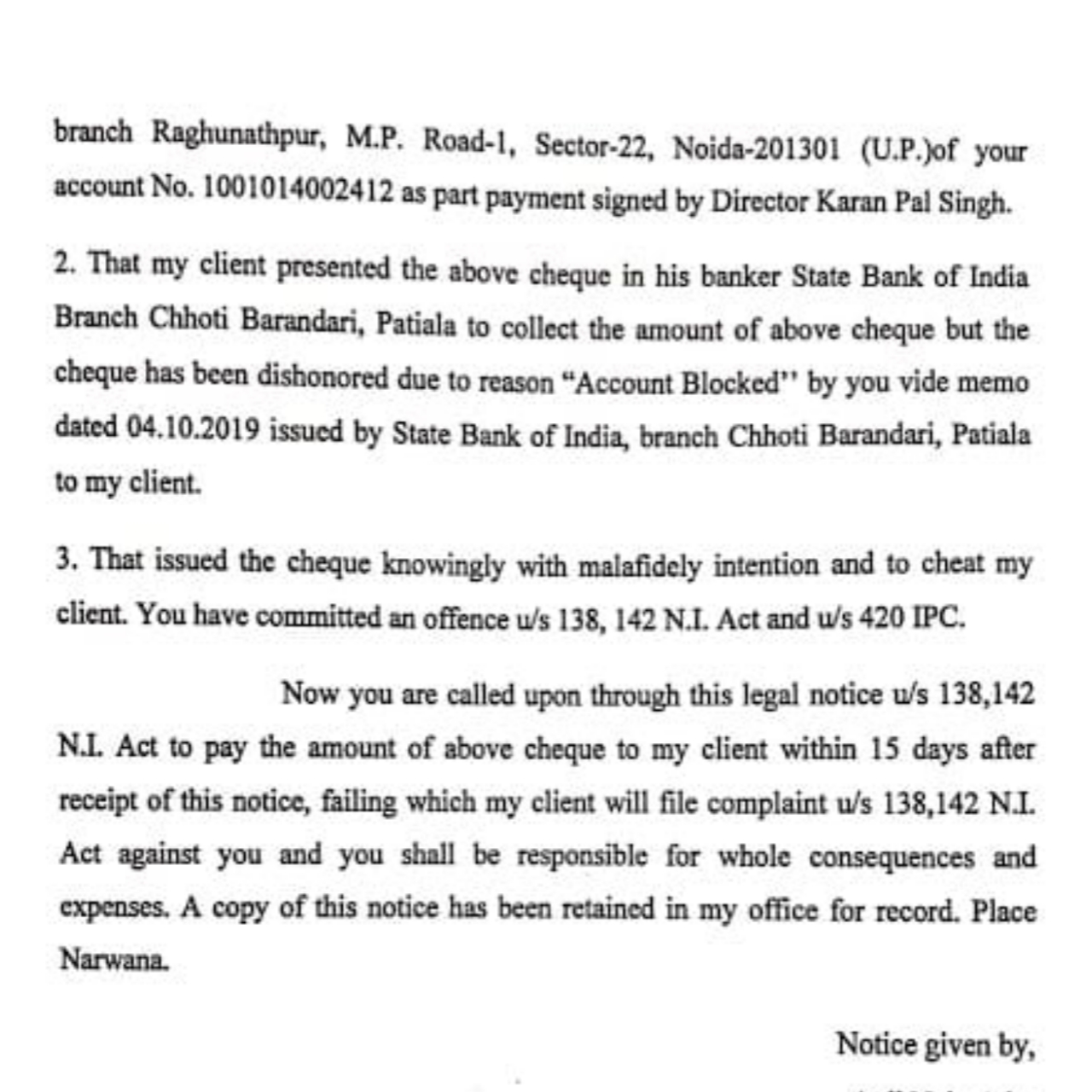 BIKE BOT COMPANY CHEQUE BOUNCE LEGAL NOTICE COPY. LEGAL NOTICE PROOF ...