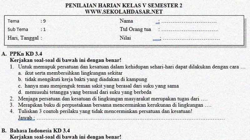 Soal Penilaian Kelas 5 Tema 9 Subtema 1 - Benda Tunggal dan Campuran - SekolahDasar.Net