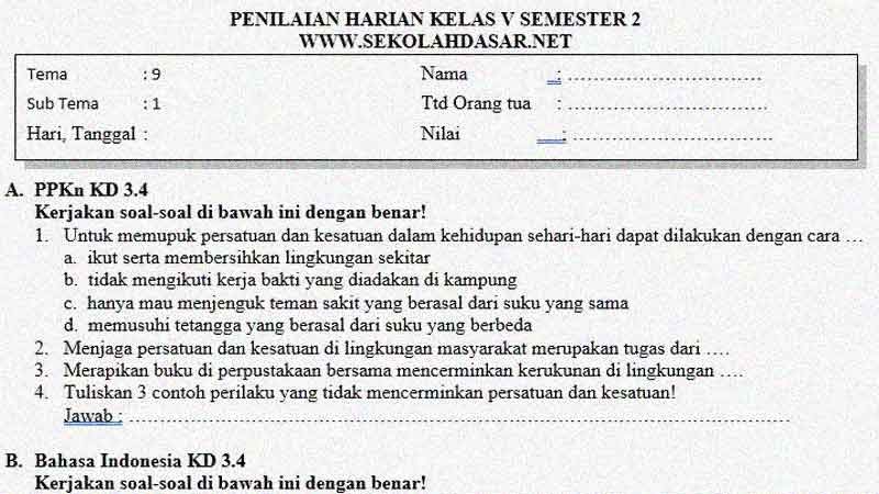 Soal Penilaian Kelas 5 Tema 9 Subtema 1 - Benda Tunggal dan Campuran - SekolahDasar.Net