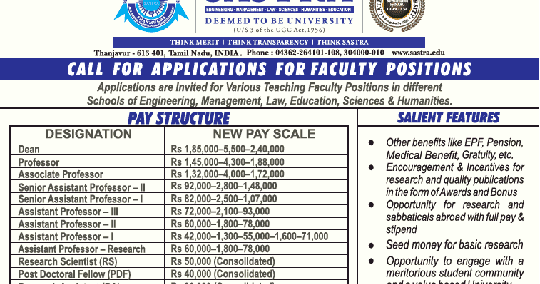 SASTRA Life Sciences Faculty Jobs 2018 April