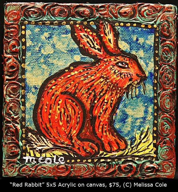 Melissa Cole Fun Fine Art: "Red Rabbit" Original 5x5 Acrylic Painting