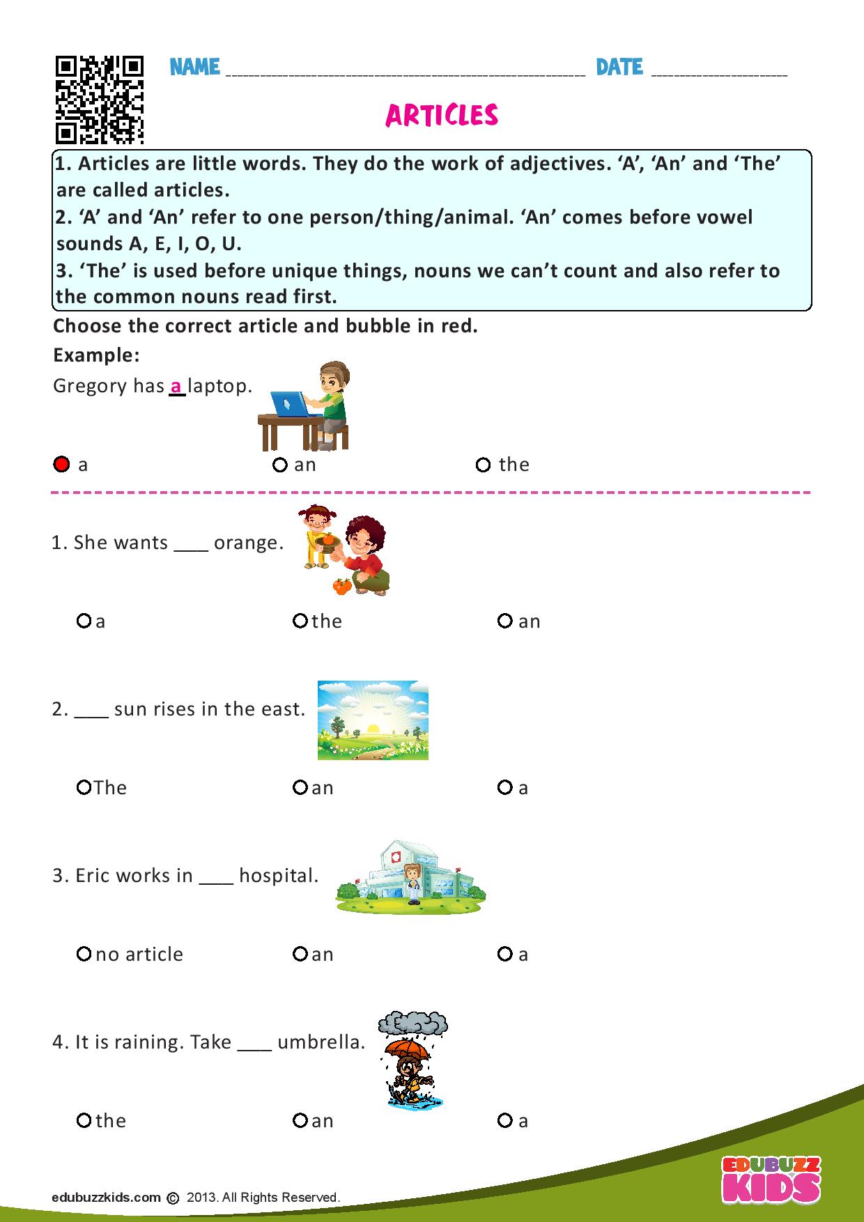 Articles Worksheet In PDF Grade 1 Articles Worksheet In PDF Grade 1