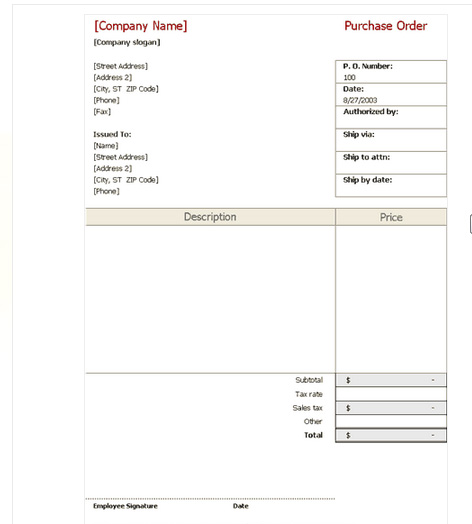 Purchase order with sales tax