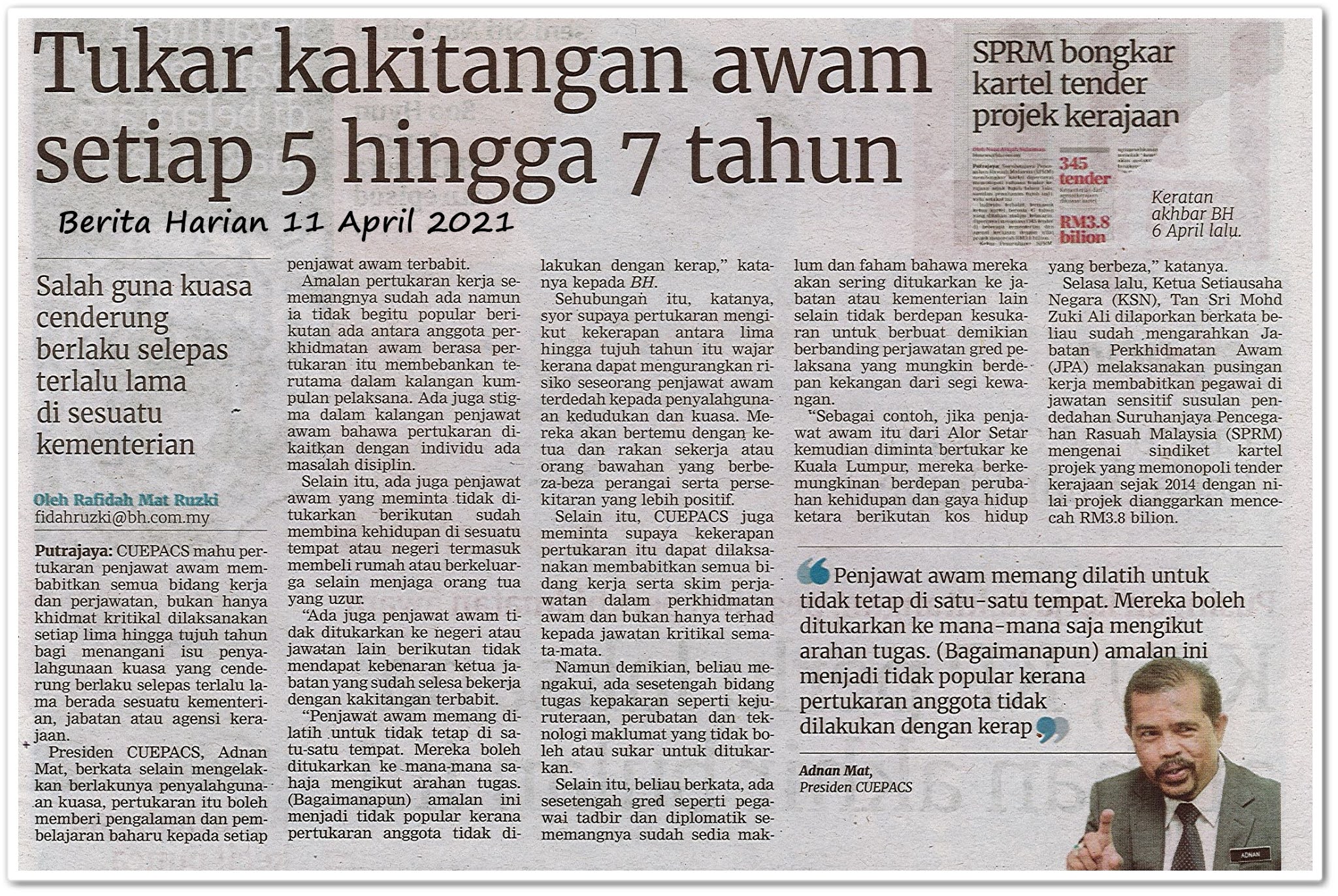 Tukar kakitangan awam setiap 5 hingga 7 tahun - Keratan akhbar Berita ...