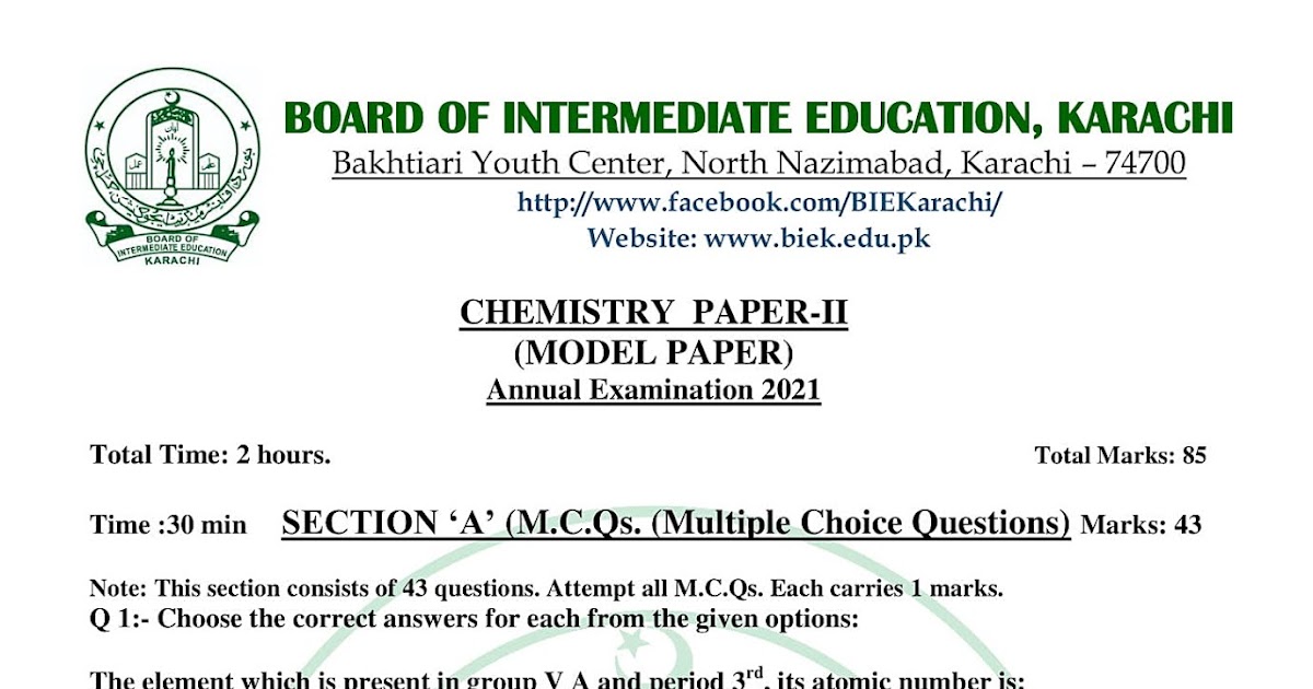 Education Is The Key To Success: Chemistry - Paper II - For Class XII ...