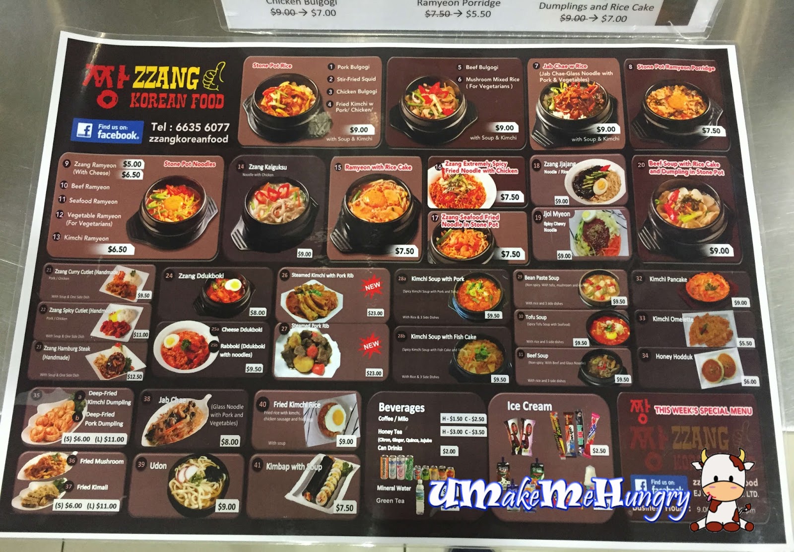 Zzang Korean Food Menu